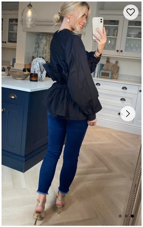Ruffle design around chest and hem cotton shirt in black – CY Boutique