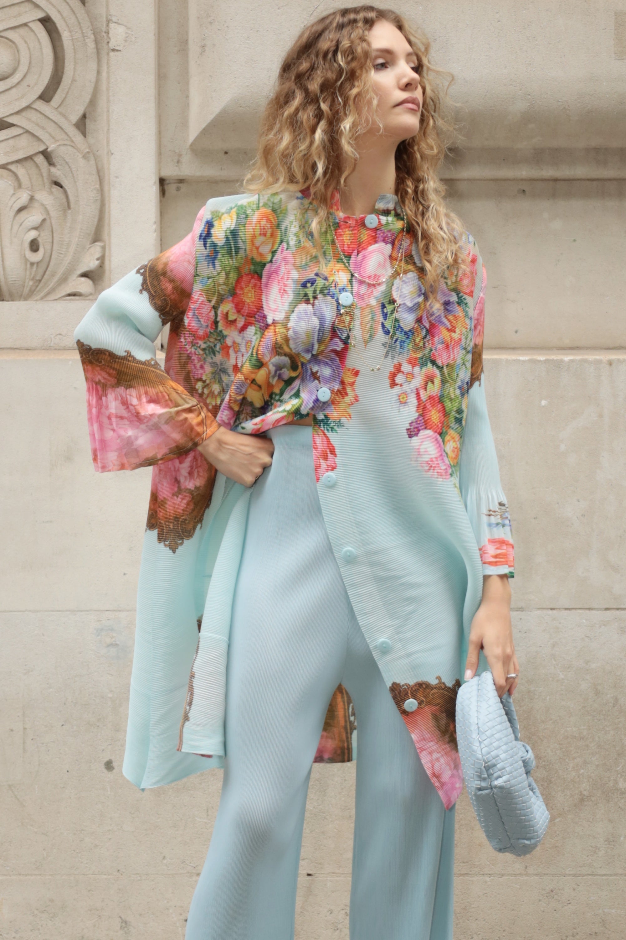 Full Pleated Floral Print Shirt And Trousers In Blue – CY Boutique