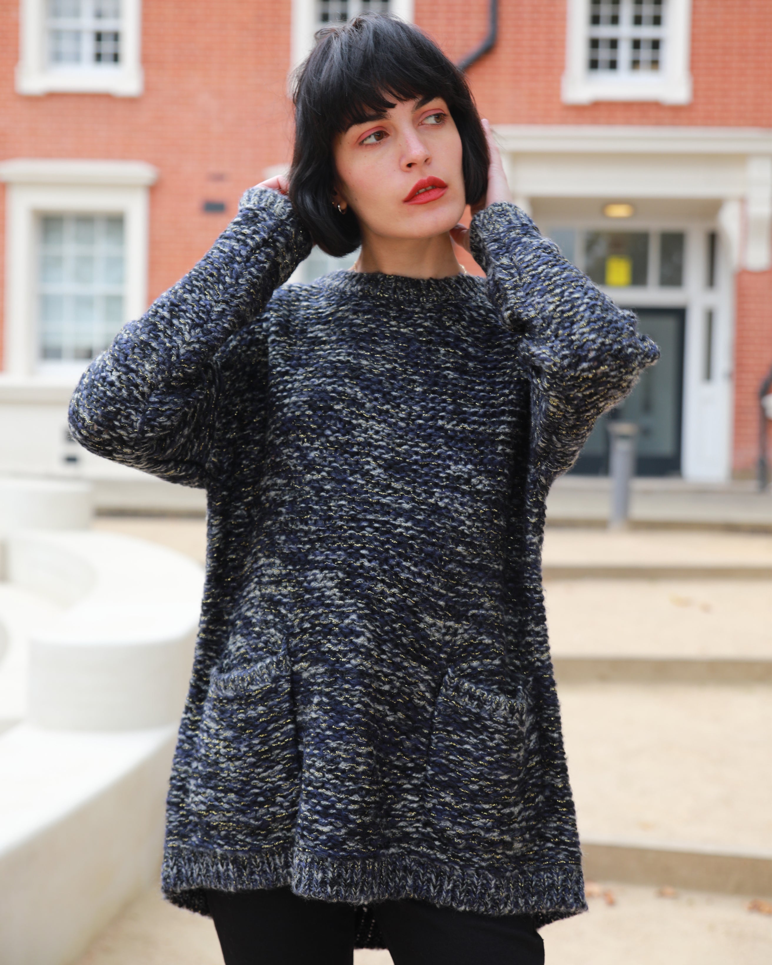 Metallic gold trims navy Jumper – CY Boutique